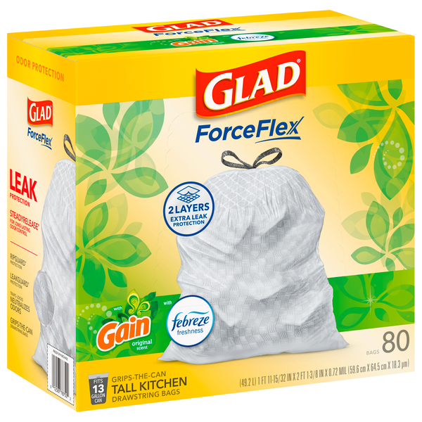 Glad Force Flex Kitchen Bags, Tall, Drawstring, Gain Original Scent, 13 ...